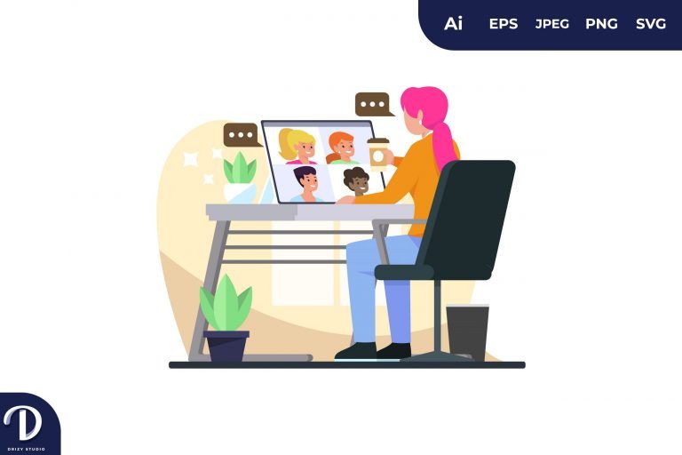 Girl with Coffee - Online Meeting Illustration - Drizy Studio