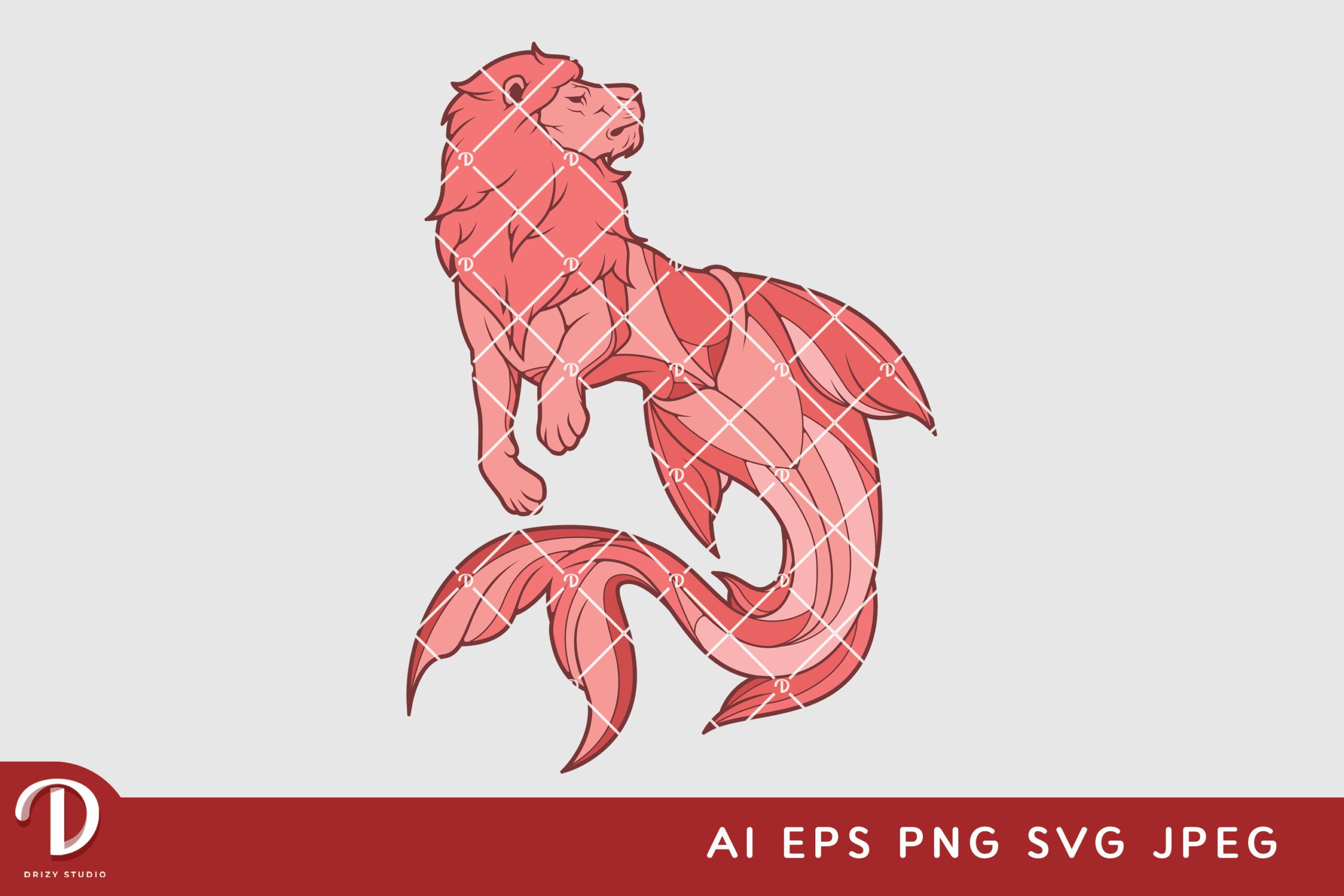 Red Lion Mermaid Merlion Fantasy Animal for T-Shirt Design - Drizy Studio