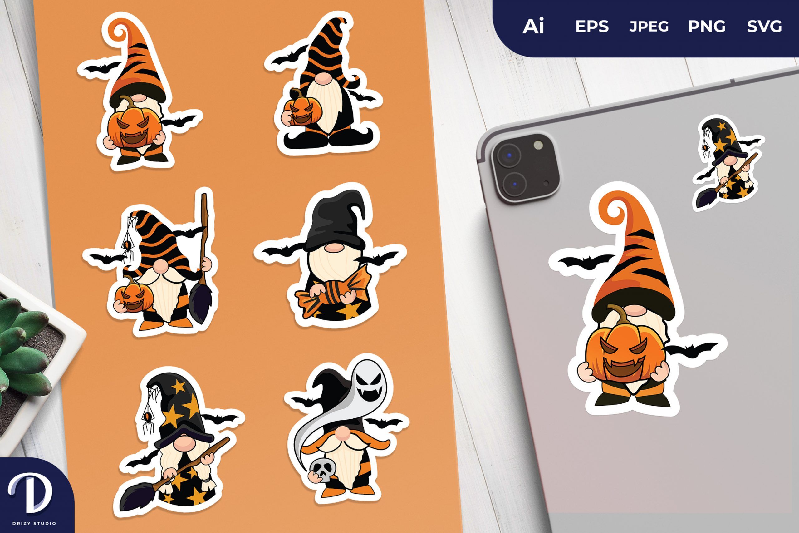 Adorable Halloween Gnome Sticker Bundle of 6 - Drizy Studio