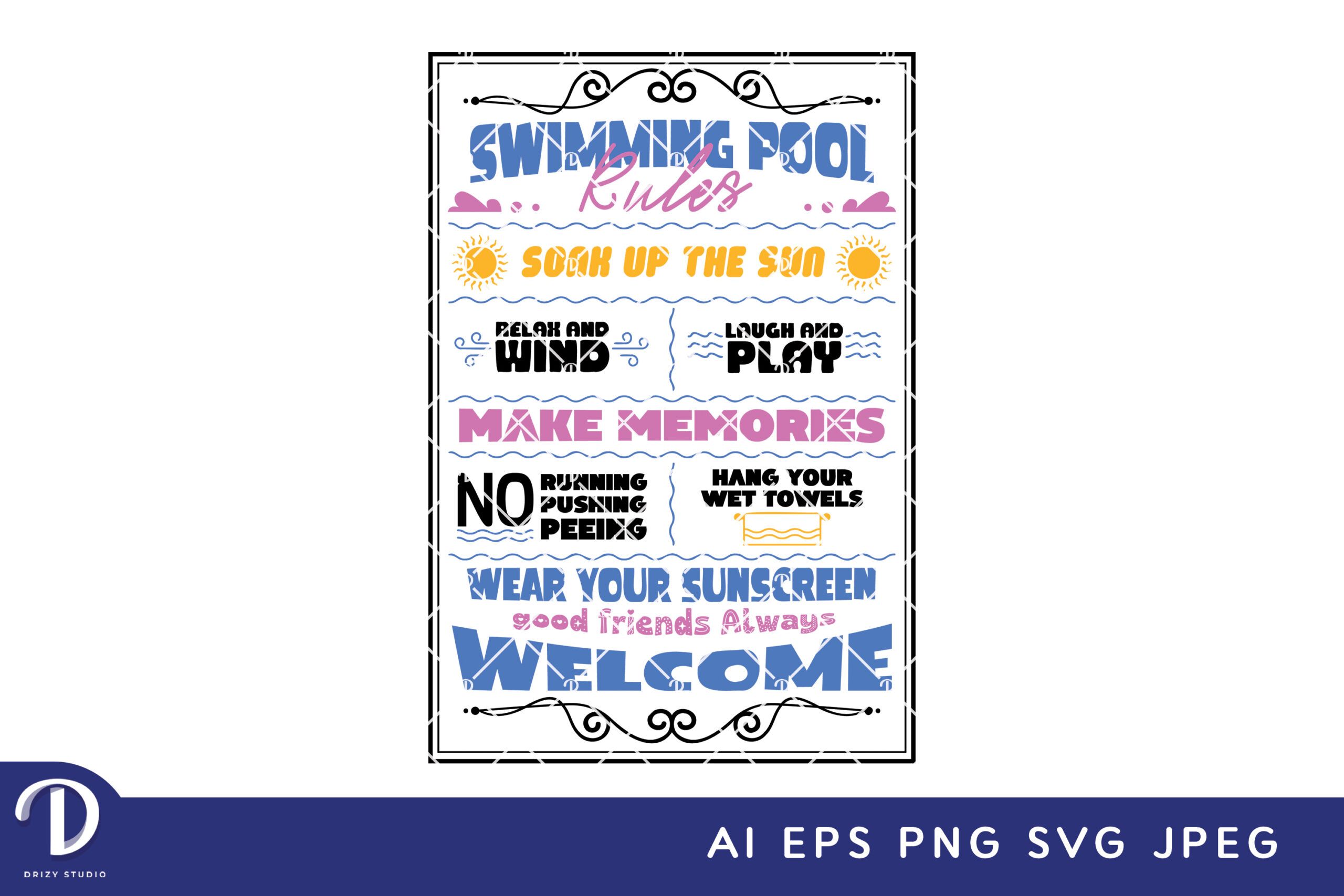 Swimming Pool Rules, Cute Decorative A4 Sign SVG Template - Drizy Studio