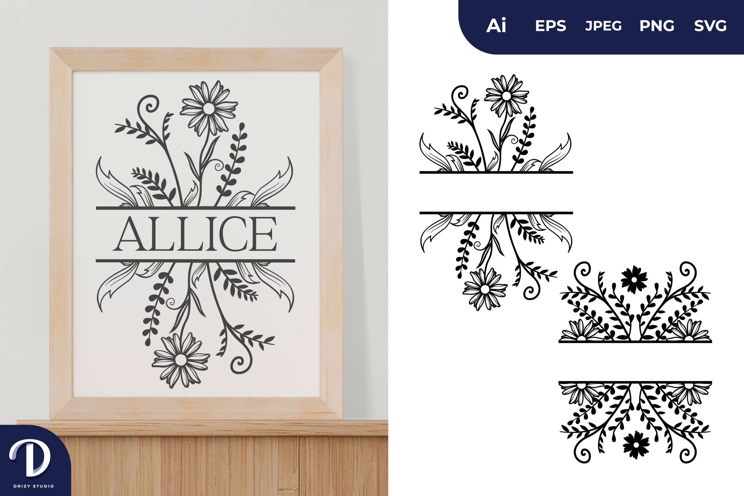 Beautiful Wildflower Stalks with Split Monogram SVG Set - Drizy Studio