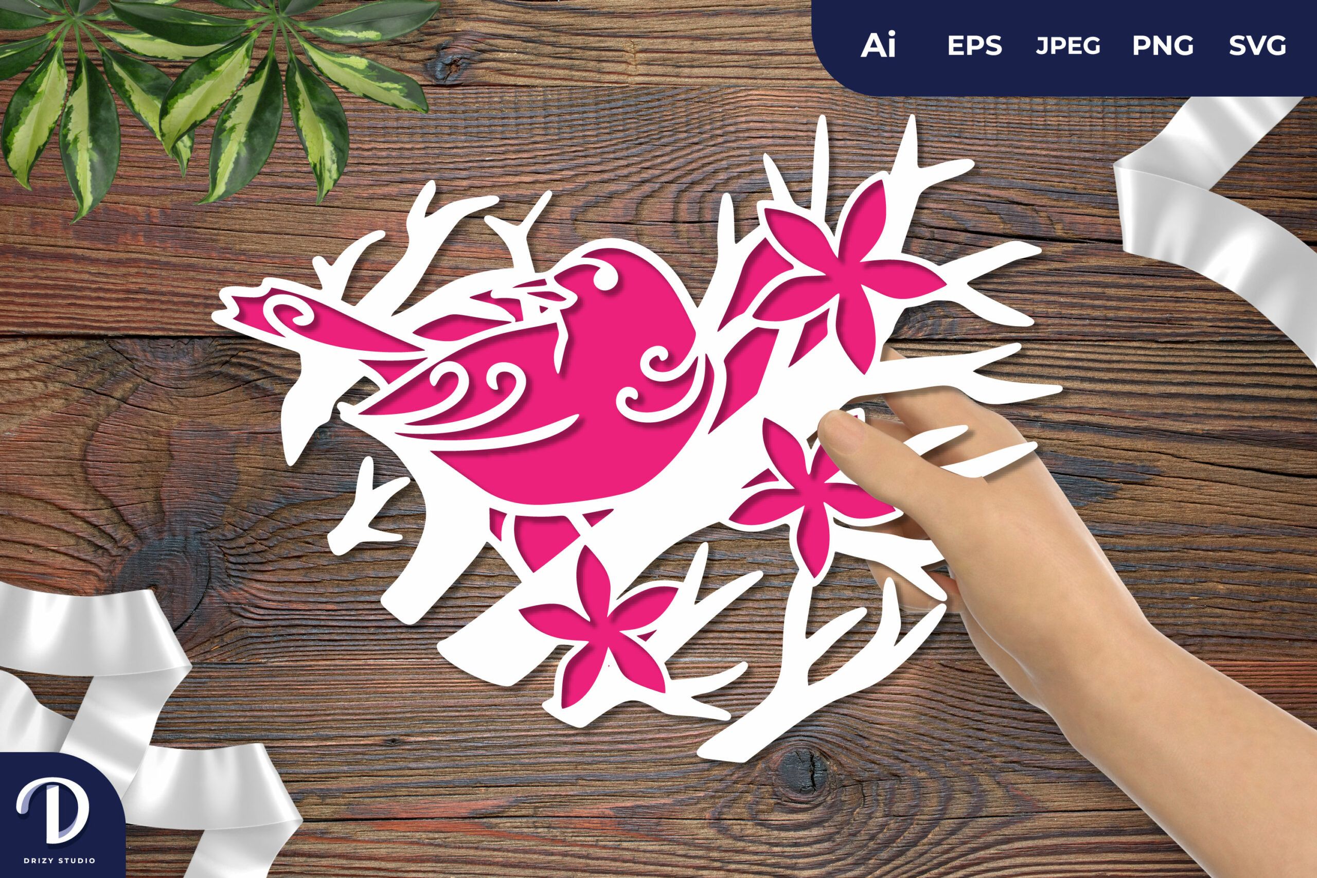 Bird SVG, Bird on Branches with Flowers - Drizy Studio