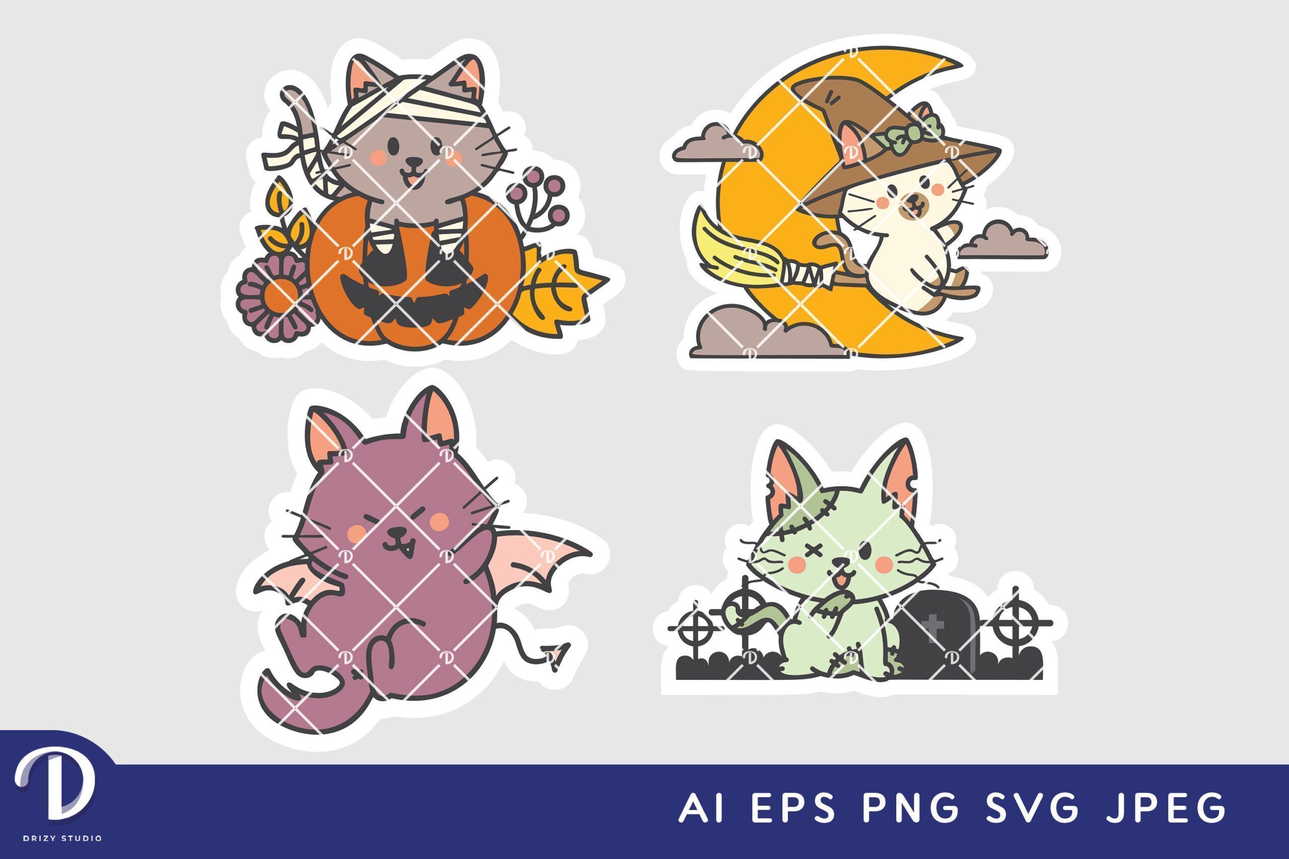 Halloween Cat Sticker Set in 4 Spooky Costumes - Drizy Studio