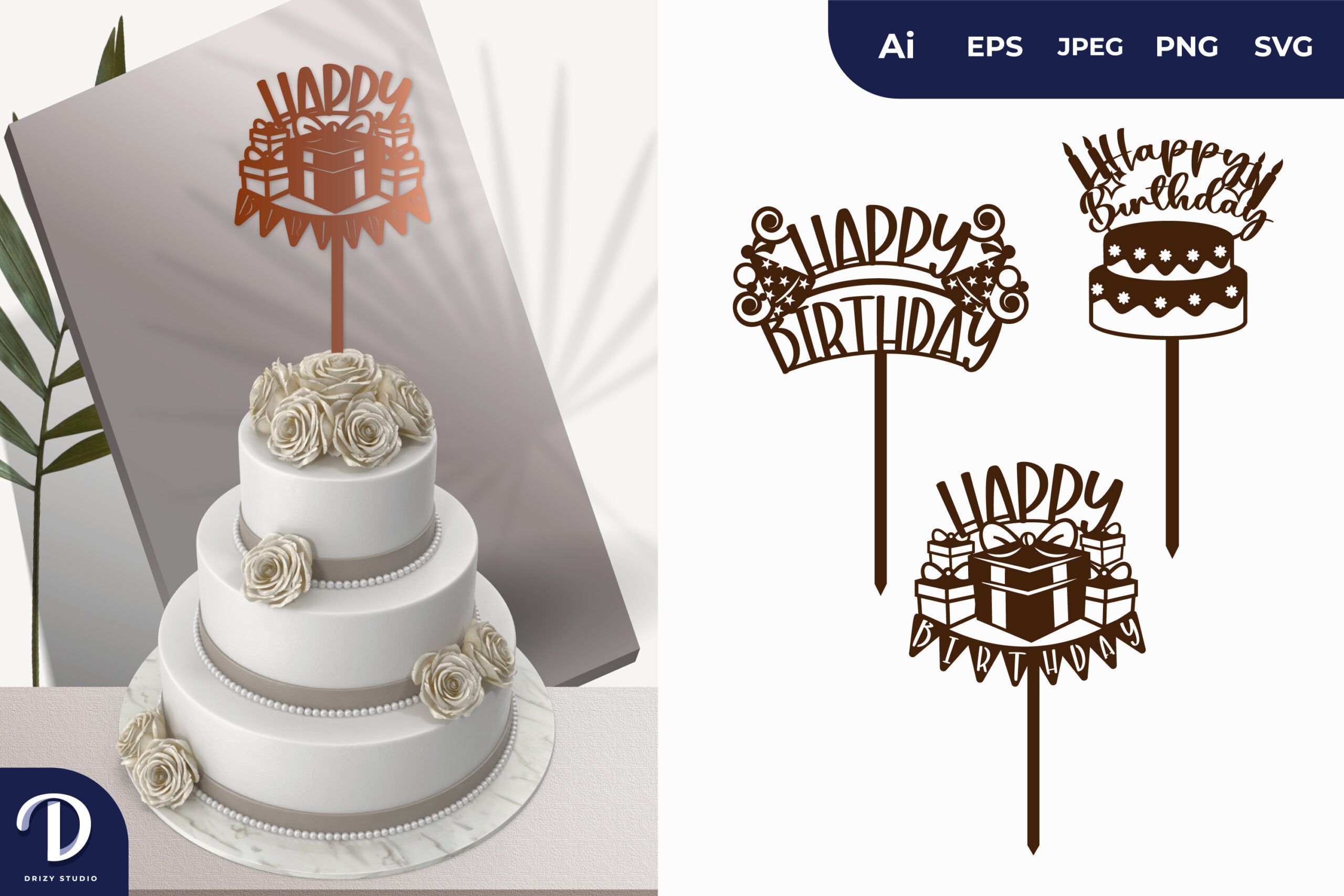 Happy Birthday Decorative Cake Topper SVG Set of 3 - Drizy Studio