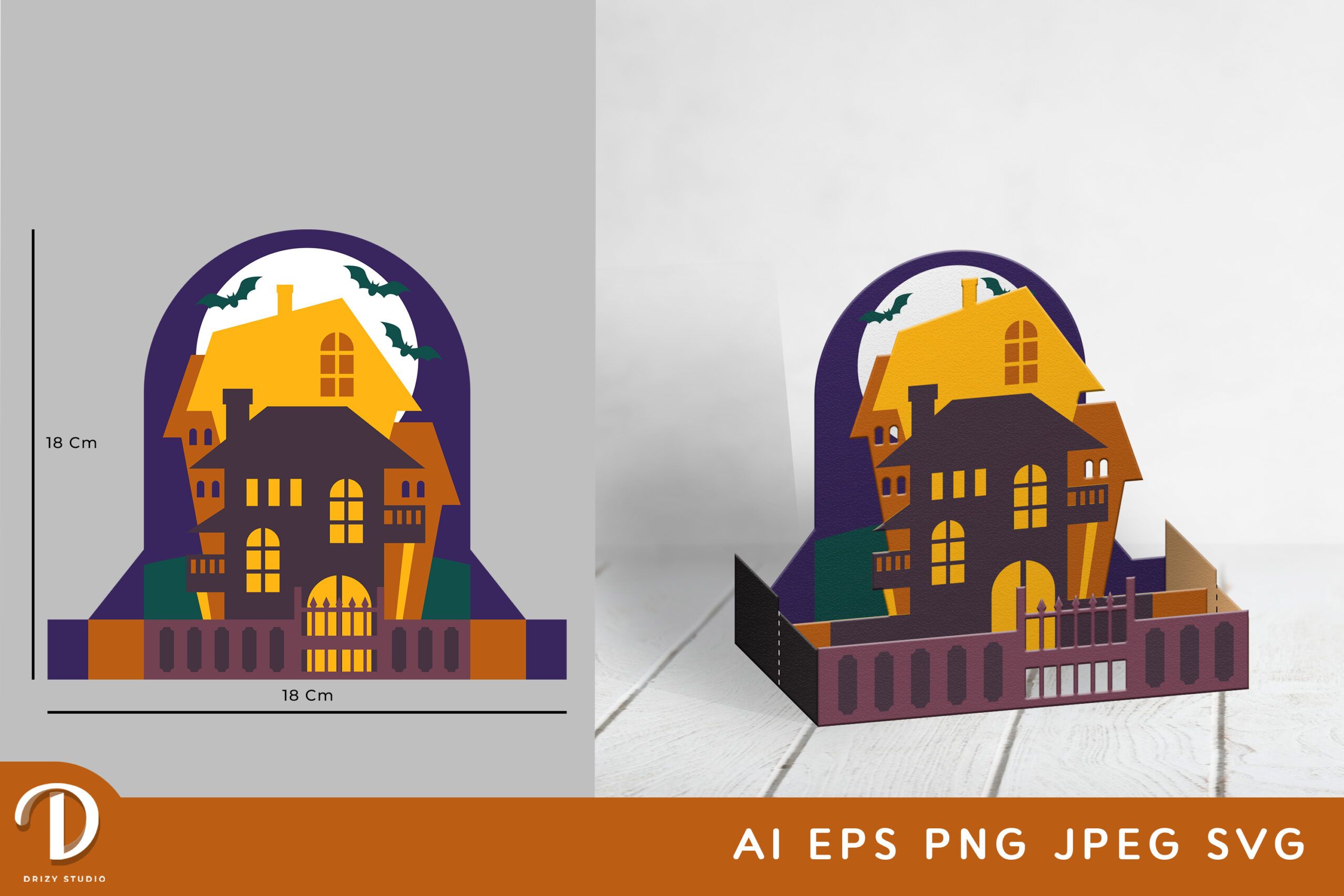 SVG Halloween Pop Up 3D Craft - Haunted House Under Full Moon - Drizy ...