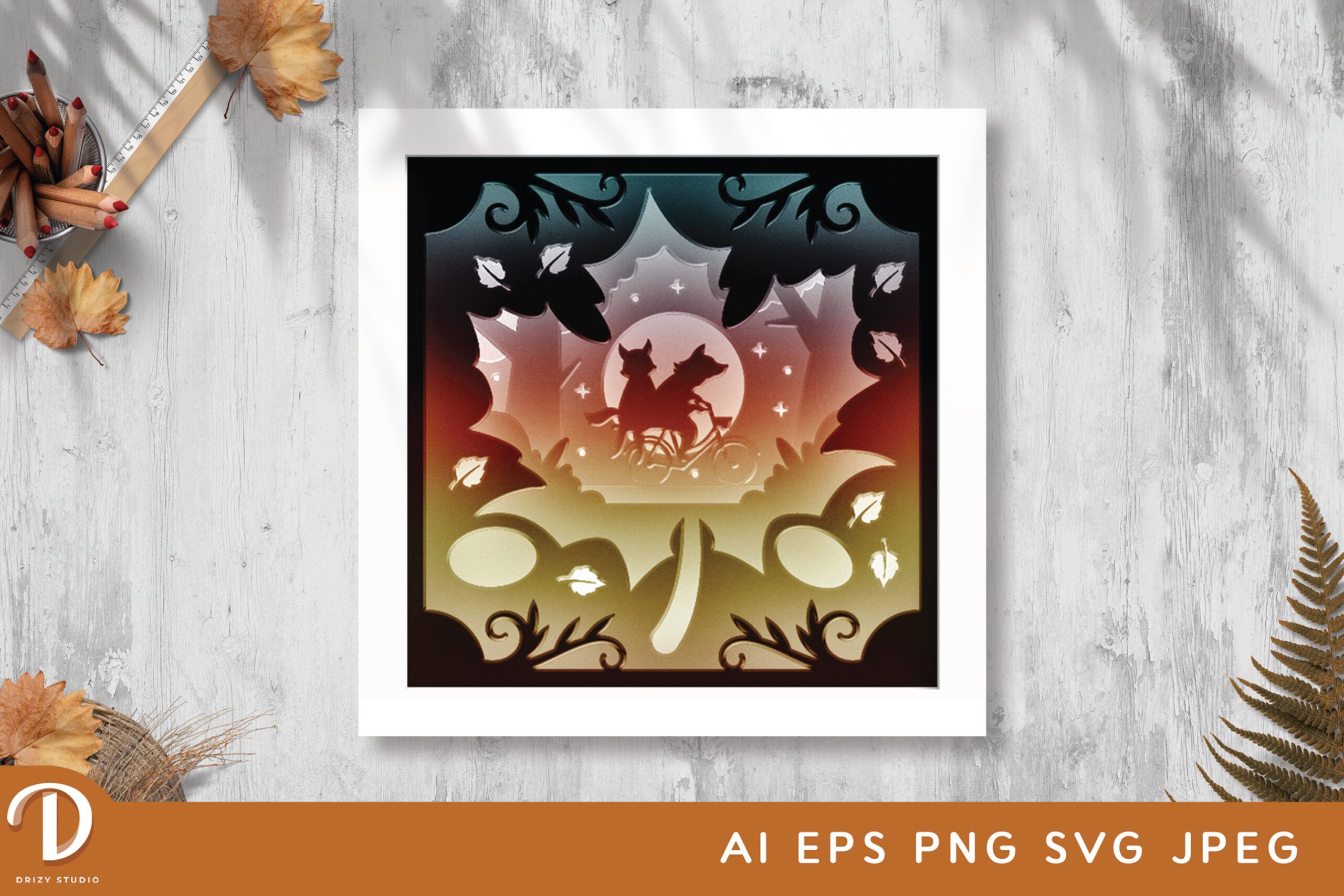 Autumn Activity 3D Shadow Box SVG - Cycling Animal Couple - Drizy Studio