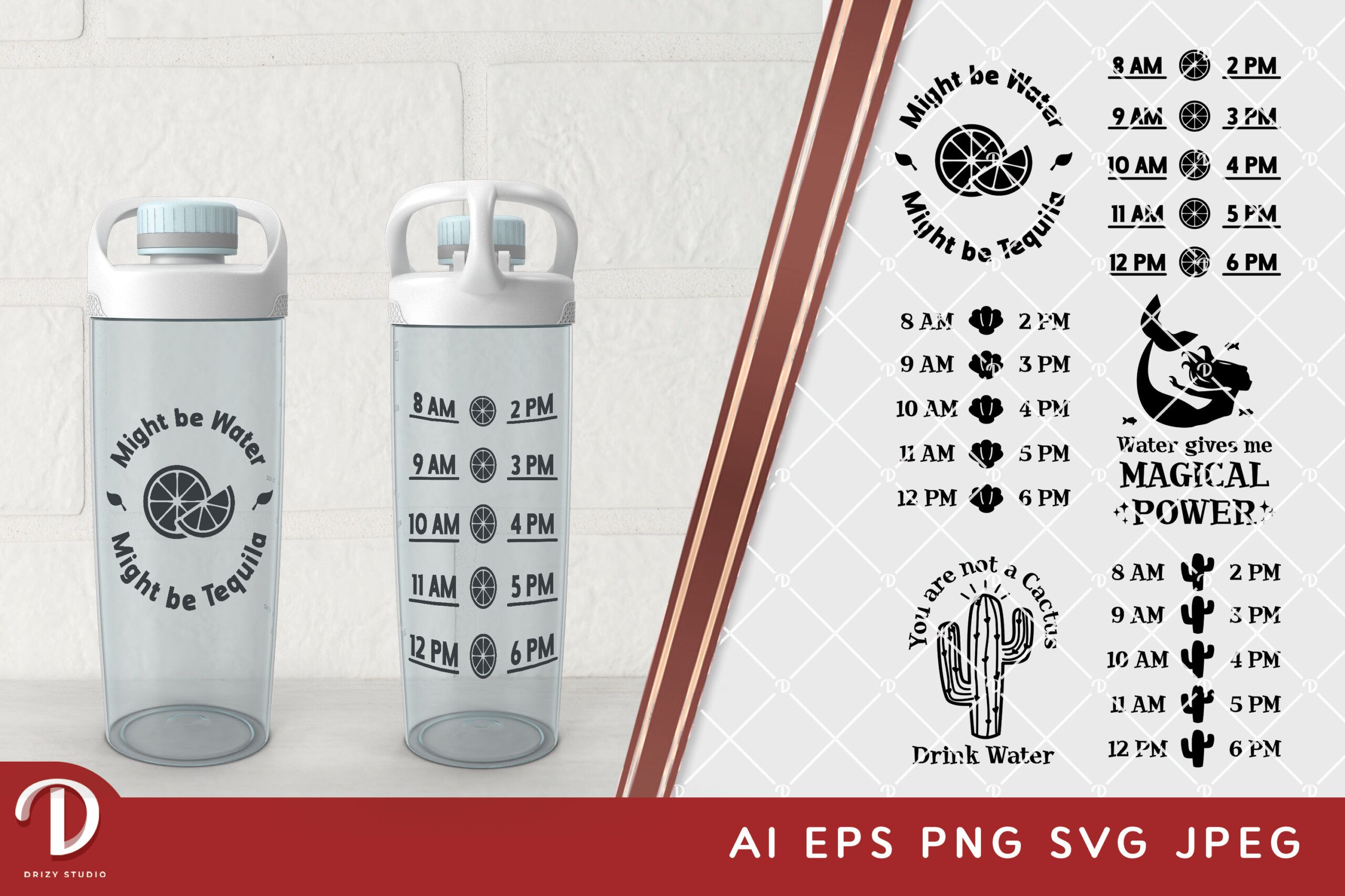 Lemon, Cactus, Mermaid Water Tracker SVG - Water Bottle SVG - Drizy Studio