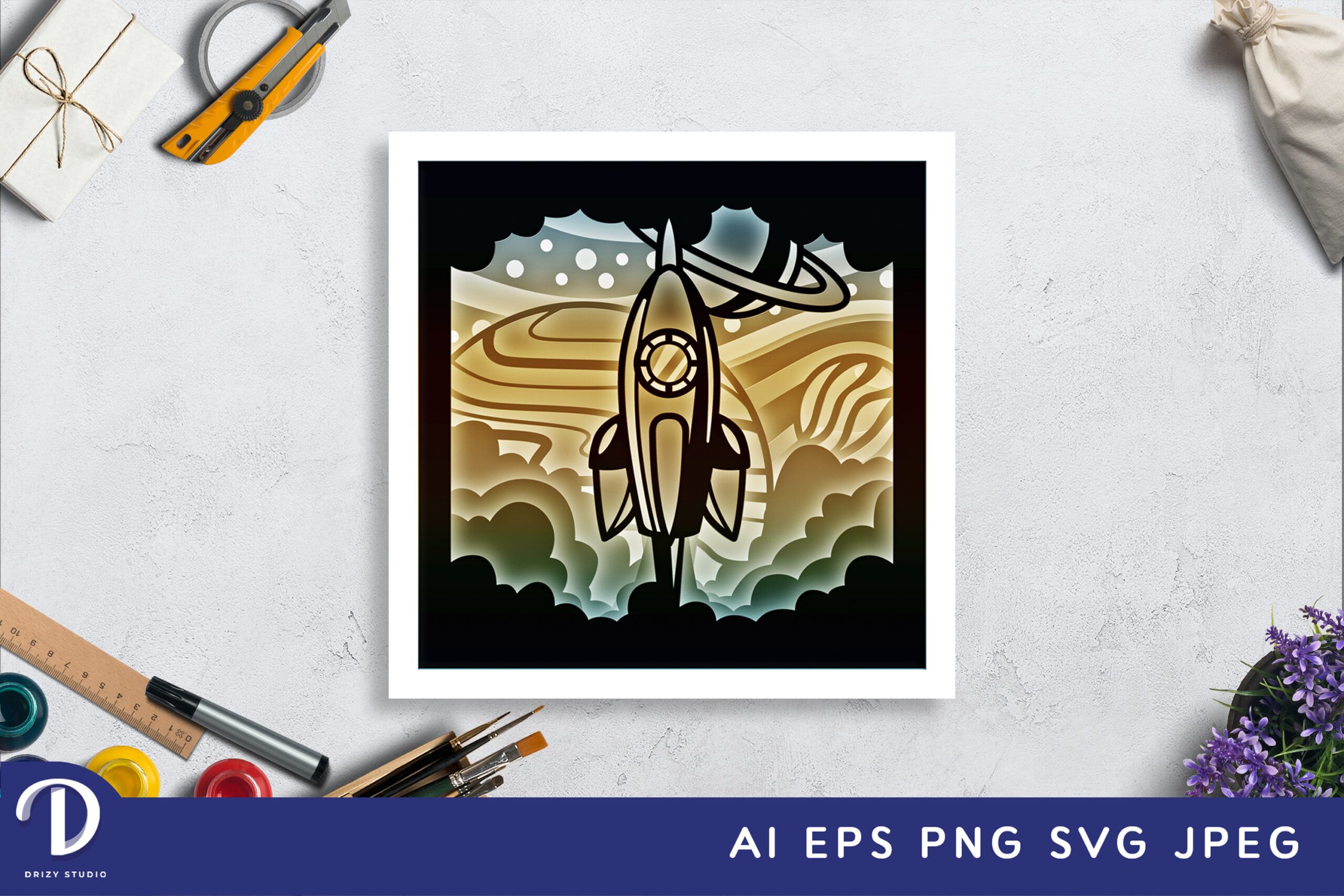 Space Rocket Launch 3D Shadow Box - Space SVG Paper Cut - Drizy Studio