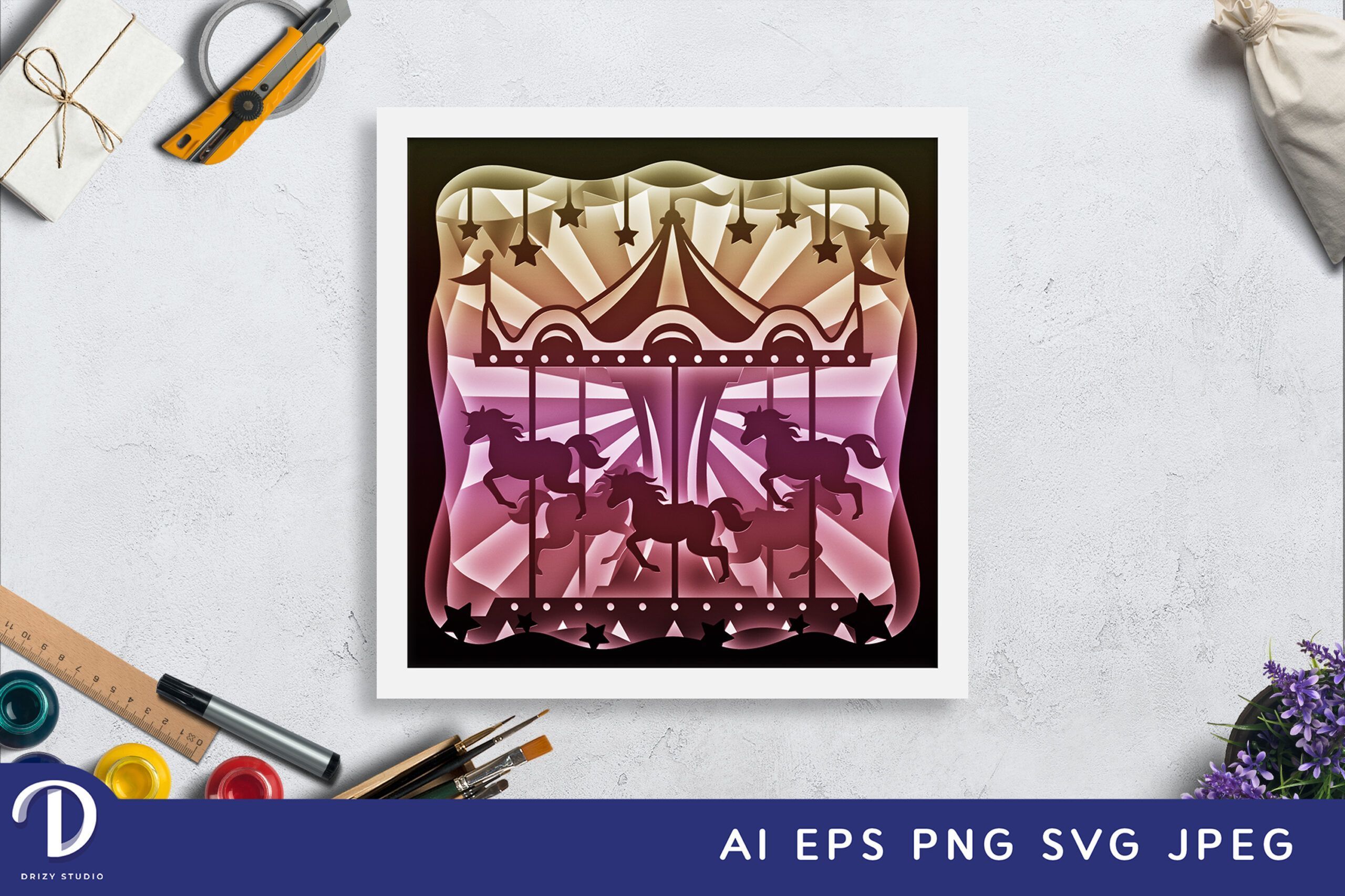 Unicorn Carousel 3D Shadow Box - Unicorn SVG Paper Cut - Drizy Studio