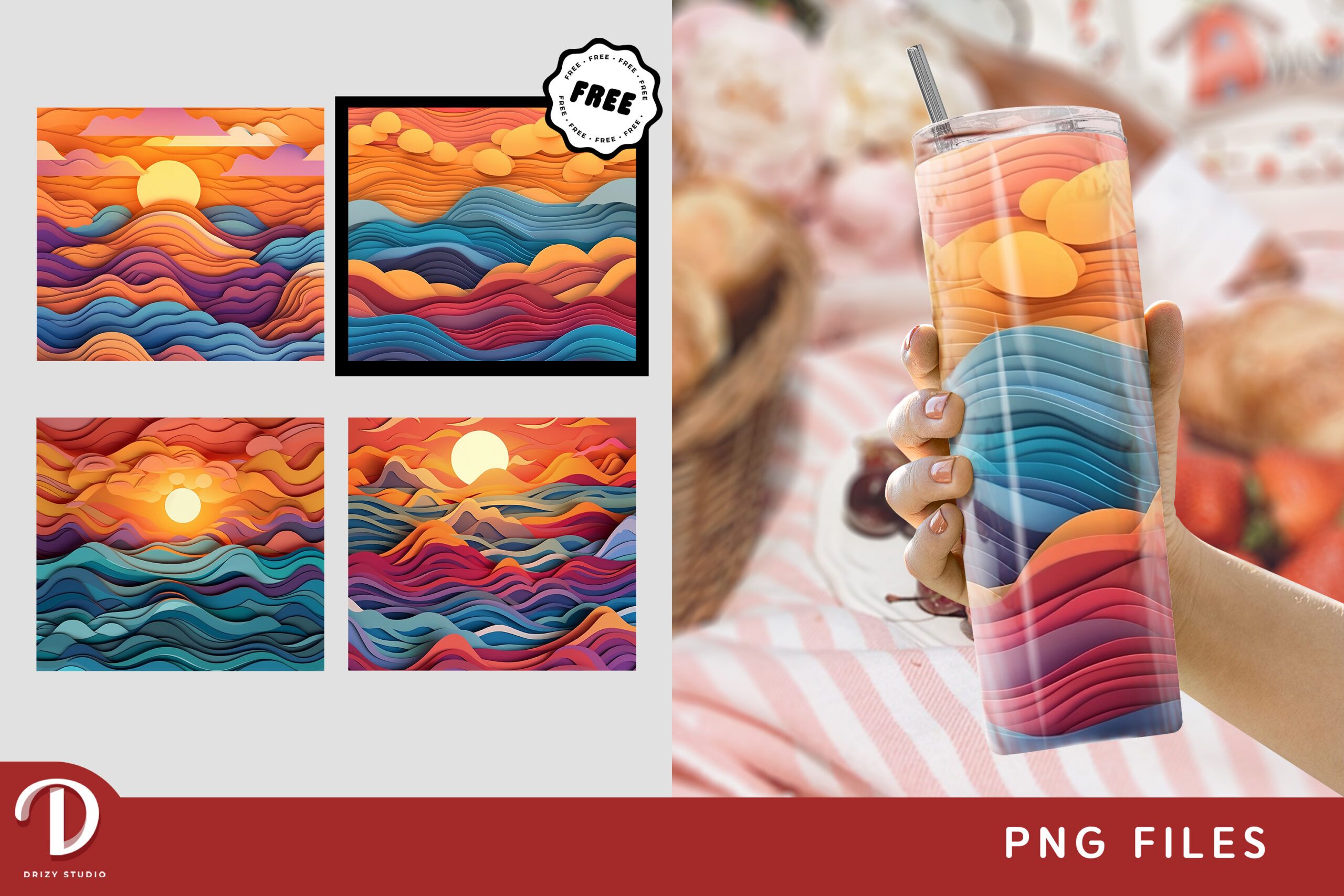 3D Colorful Sunset - 20oz Tumbler Wrap Design - Drizy Studio