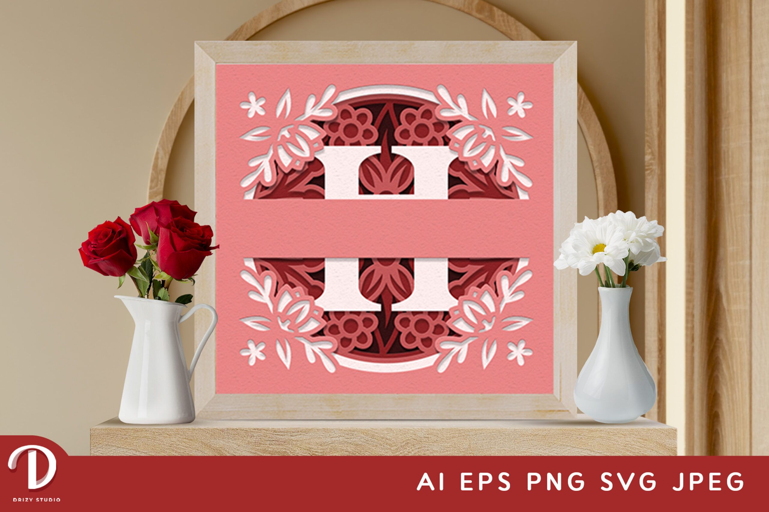 Floral Split Monogram H 3D Paper Cut - Alphabet Shadow Box - Drizy Studio