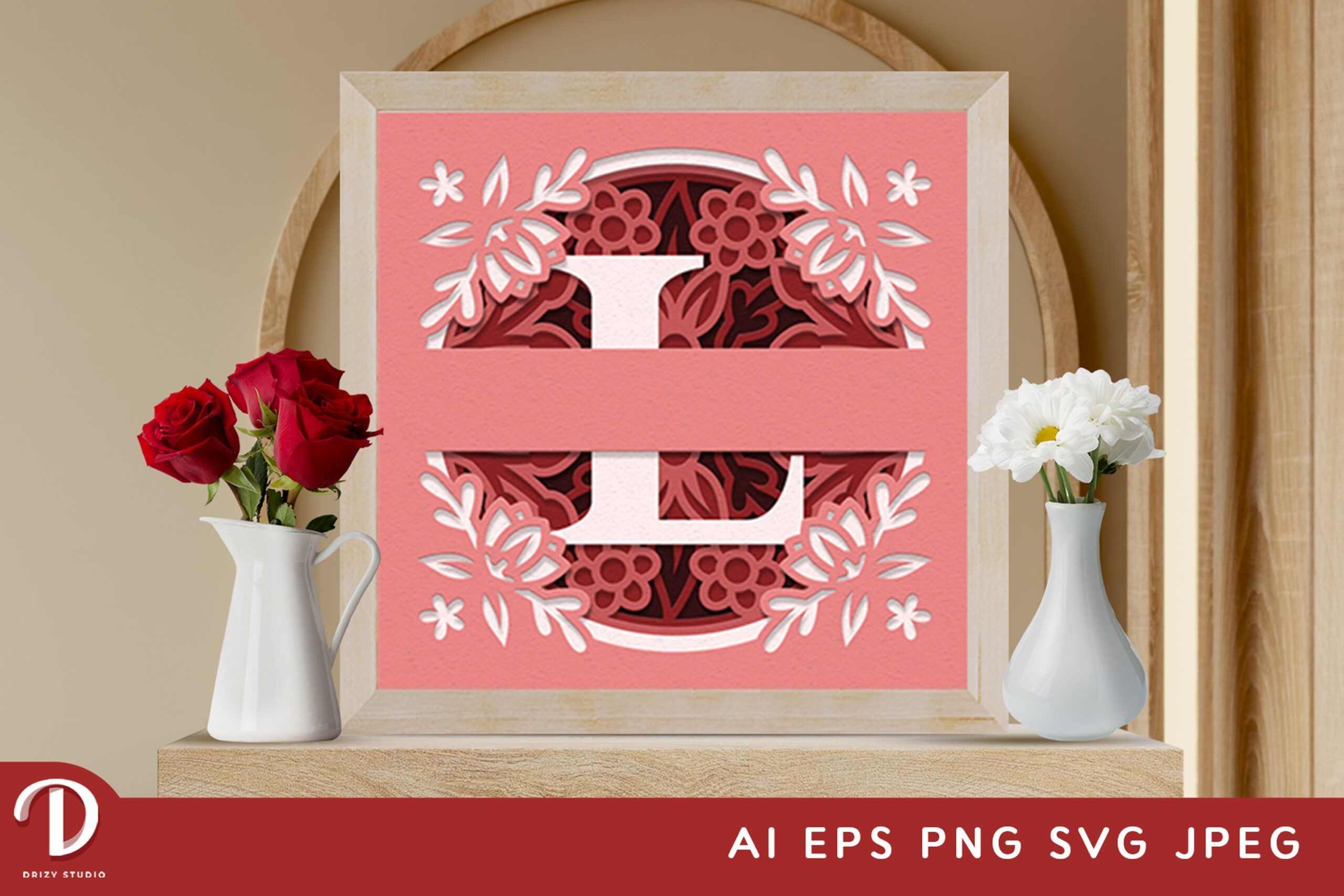 Floral Split Monogram L 3D Paper Cut - Monogram Shadow Box - Drizy Studio