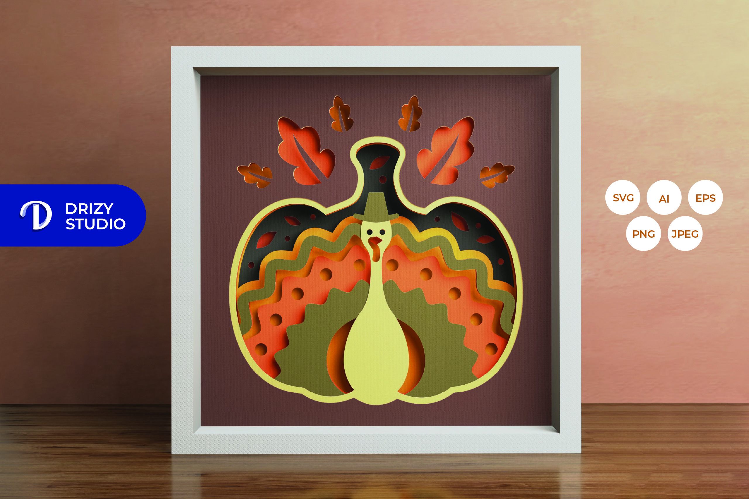 Turkey 3D Shadow Box - Thanksgiving 3D Shadow Box - Drizy Studio