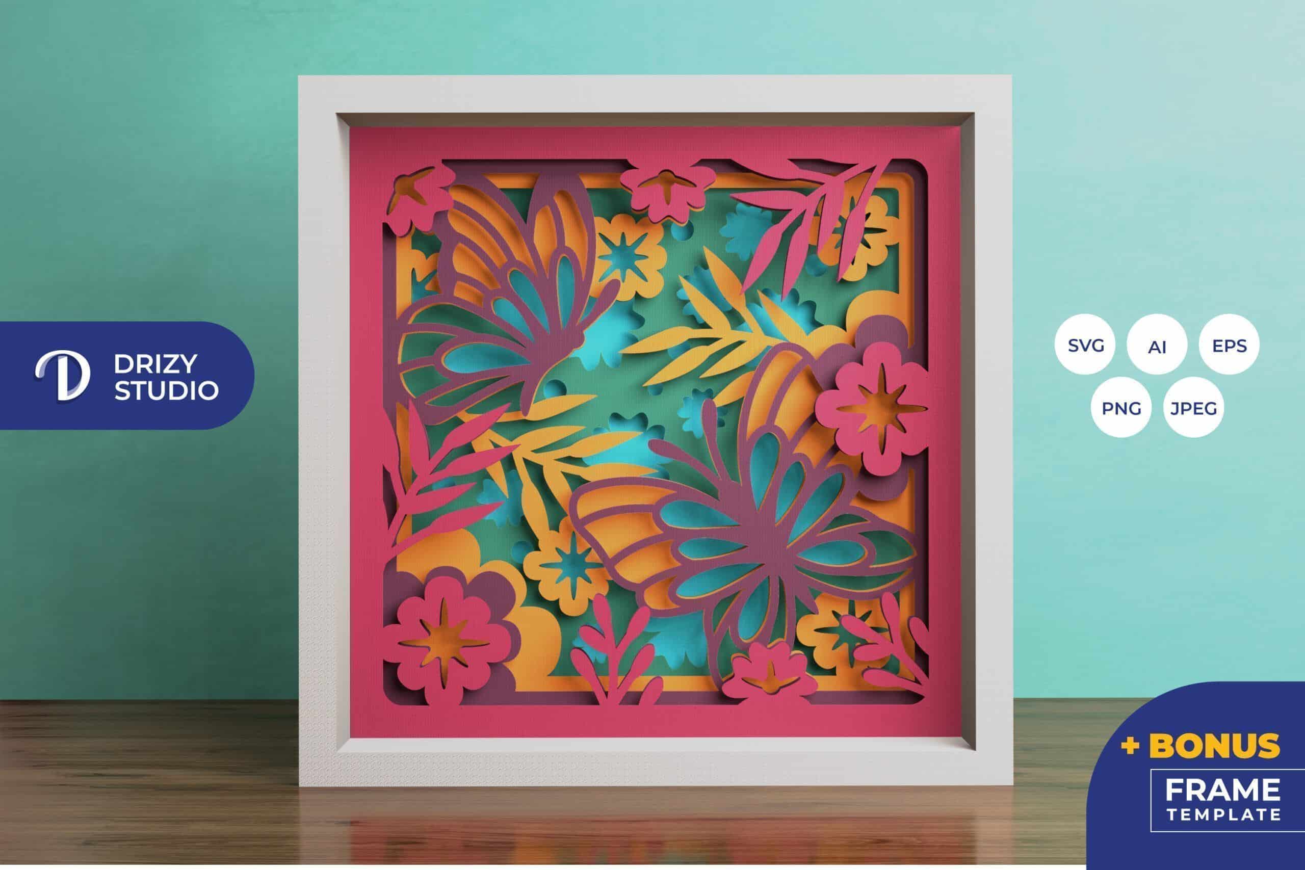 Floral Butterfly 3D Shadow Box - Spring 3D Light Box - Drizy Studio