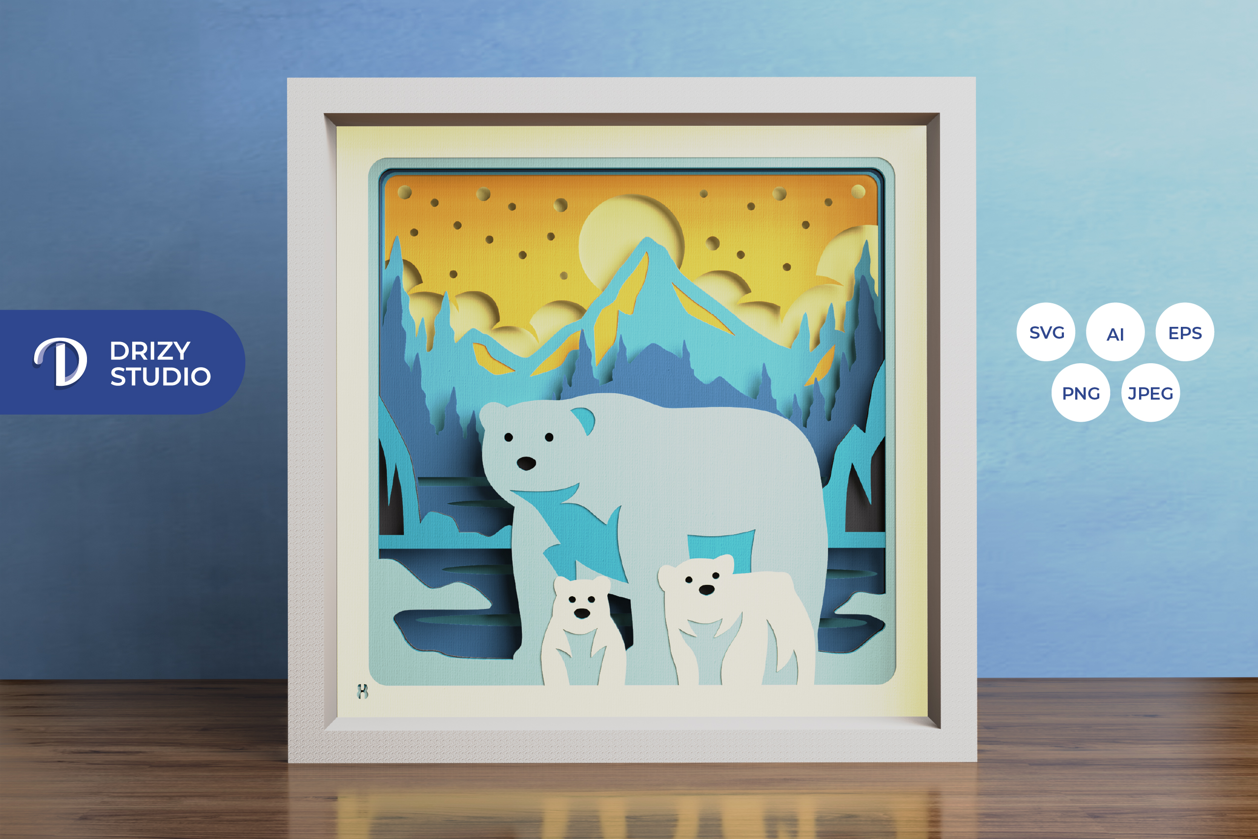 Polar Bear Family 3D Shadow Box - Family Animal 3D Shadow Box - Drizy ...